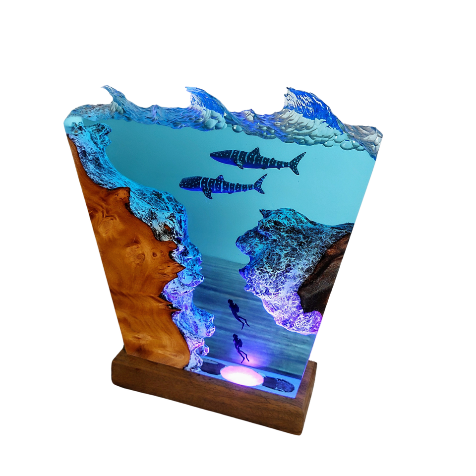 Ocean Resin Lamp, Whale Shark and Diver Resin Wood Lamp, Deep Blue Sea ...