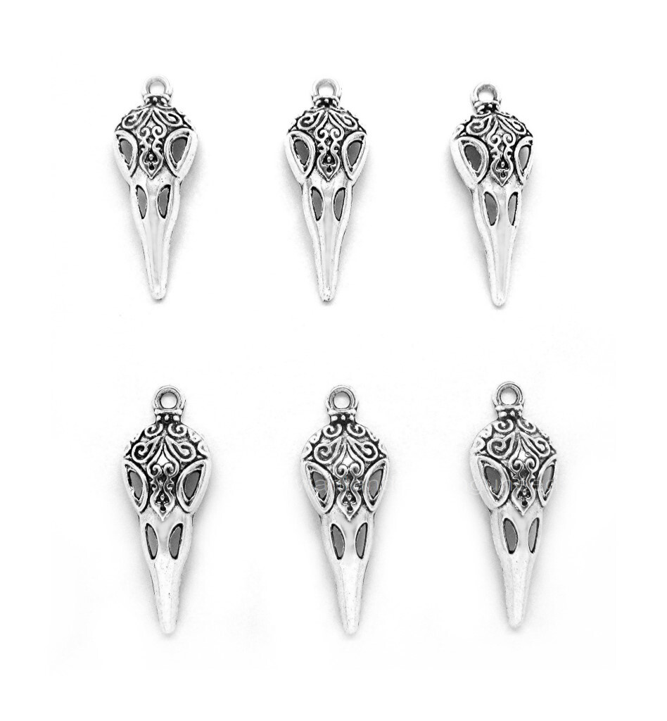 6 ANTQ. SILVERTONE GOTHIC TRIBAL SCROLL CROW RAVEN SKULL Charms ...