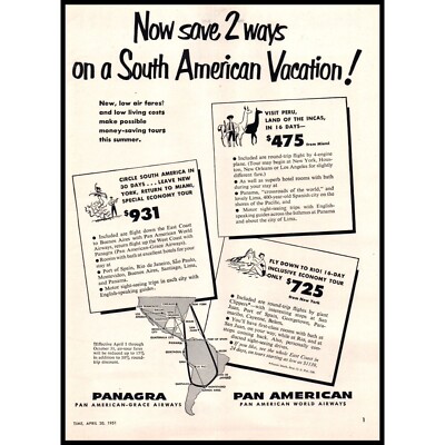 1951 Pan American Pan Agra Airways Vintage Print Ad South America ...