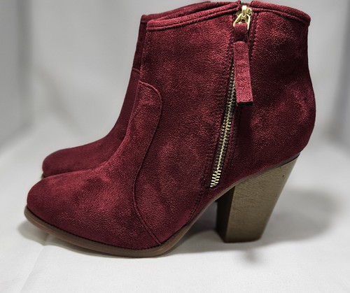 Beston Women's Burgundy Suede Bootie Ankle Boot Side Zip Chunky Heel Sz ...