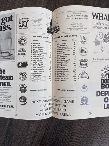 1972 New England Whalers Vs Minnesota Saints WHA Hockey PROGRAM Larry ...
