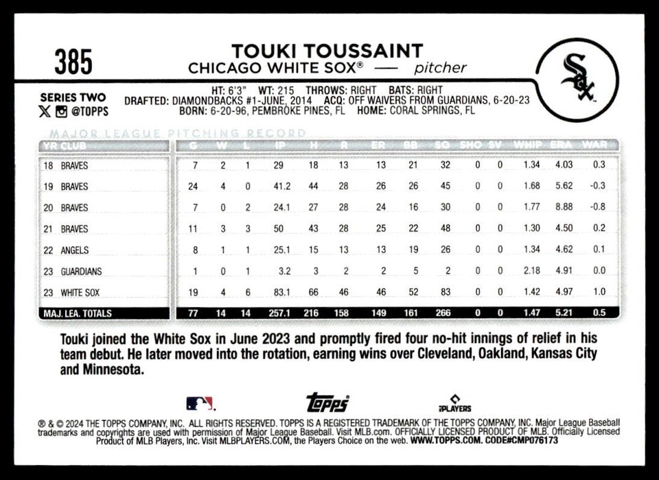2024 Topps Series 2 #385 Touki Toussaint Chicago White Sox | eBay