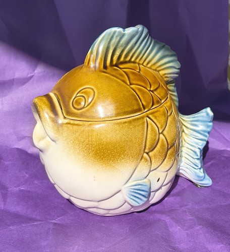 Ceramic Fish Jar /Canister /Cookie Jar w/ Lid Brown Blue 6.5" H ...