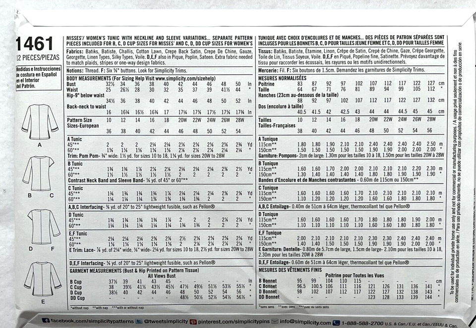 Simplicity Pattern 1461 Misses Tunic With Variations Sizes: 10 - 18 | eBay