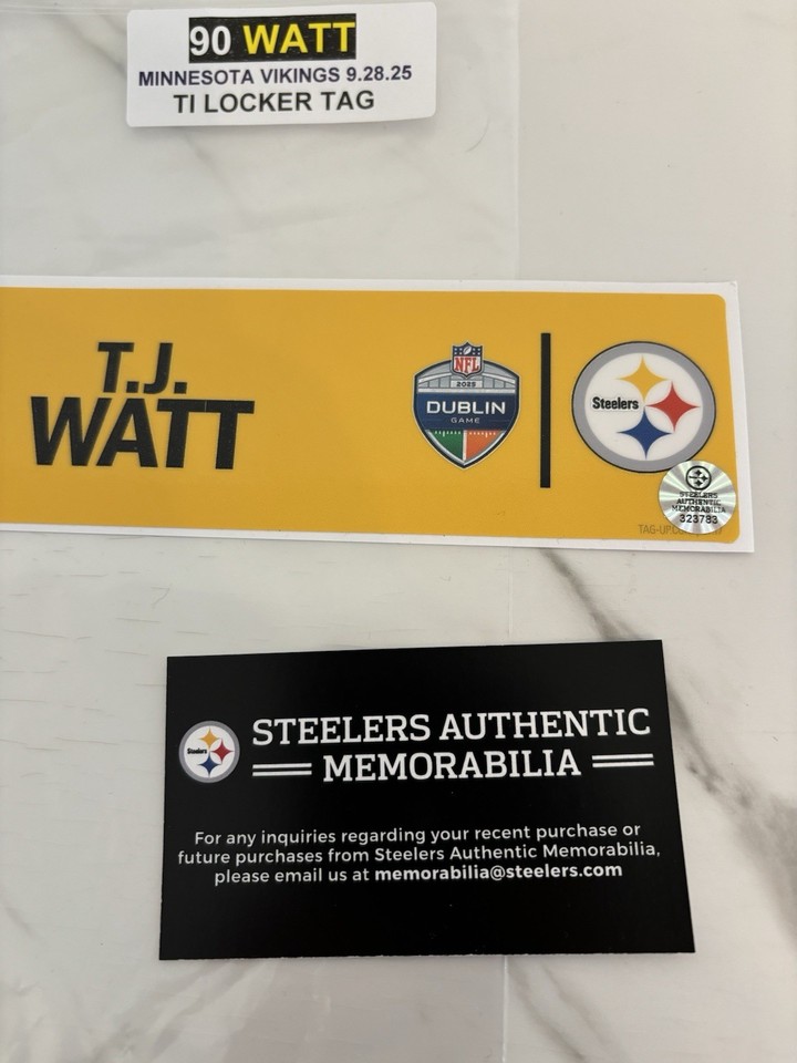 Steelers TJ WATT Team ISSUED (Not Game Used) 🇮🇪 Dublin Locker Tag - COA ...
