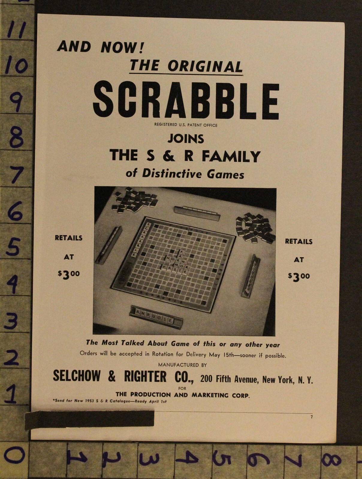 1953 TOY AD GAME SCRABBLE BOARD CROSSWORD KEYWORD SELCHOW RIGHTER NEW ...