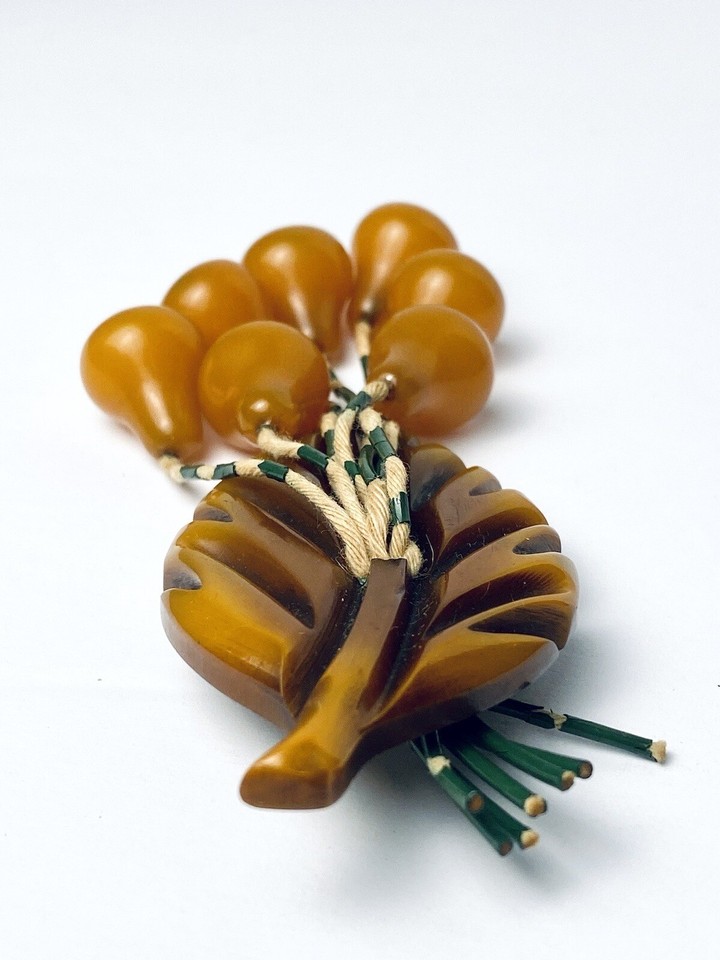 Vintage Bakelite Pear Dangle Leaf Brooch Pin 1940s Wax String Banana ...