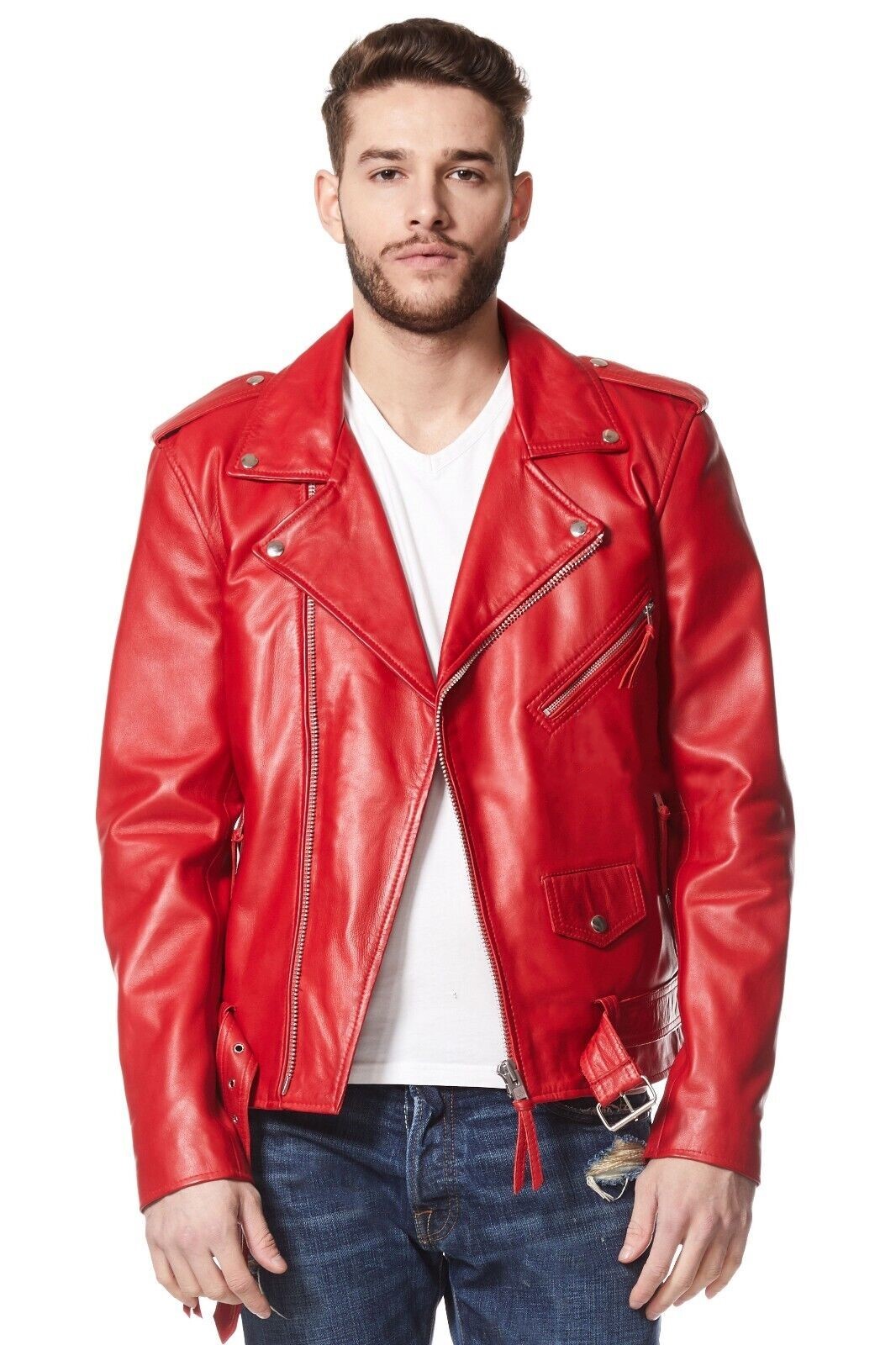 CELEBRITY New Men's Red Extra Belted Jacket 100% Real Lambskin Moto ...