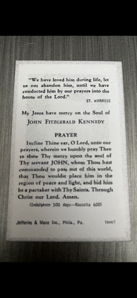 President John F Kennedy Funeral Memorial Death Prayer Card JFK Photo ...