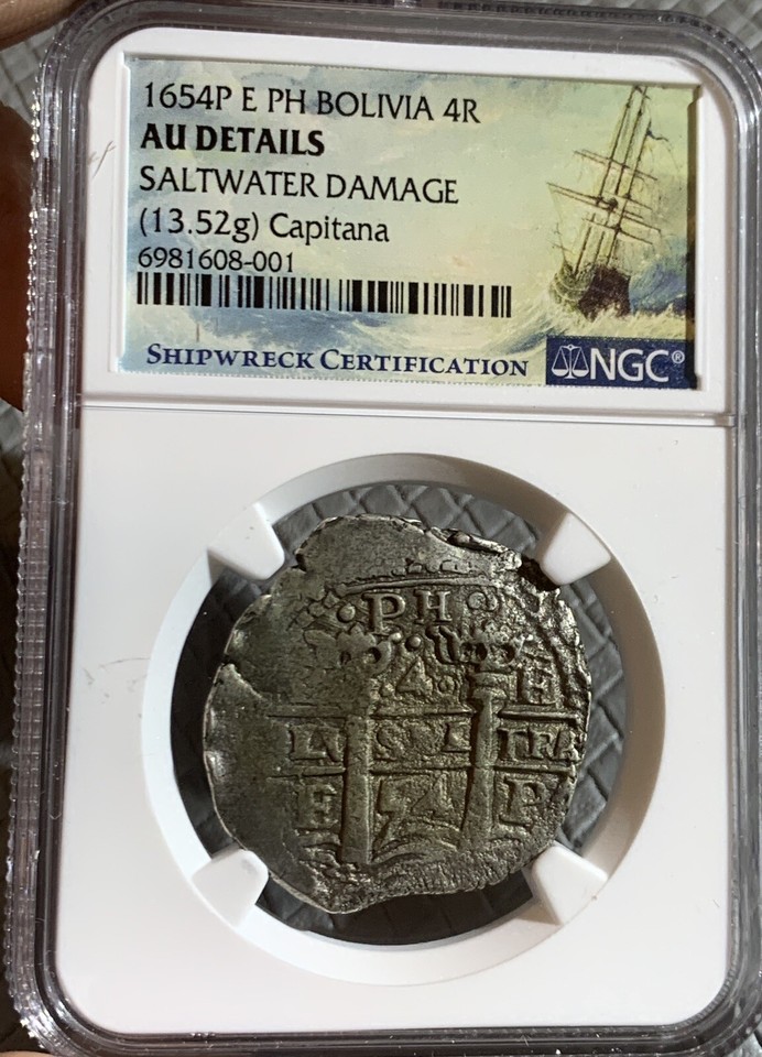 NGC AU Capitana Shipwreck 1654 Spanish Bolivia 4 Reales Silver Cob Coin ...