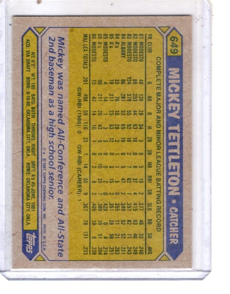 1987 Topps - #649 Mickey Tettleton Oakland Athletics baseball card | eBay