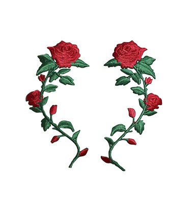 (Set 2) Small 3-1/2 Red Rose Stem/Flower Iron on Applique/Embroidered ...