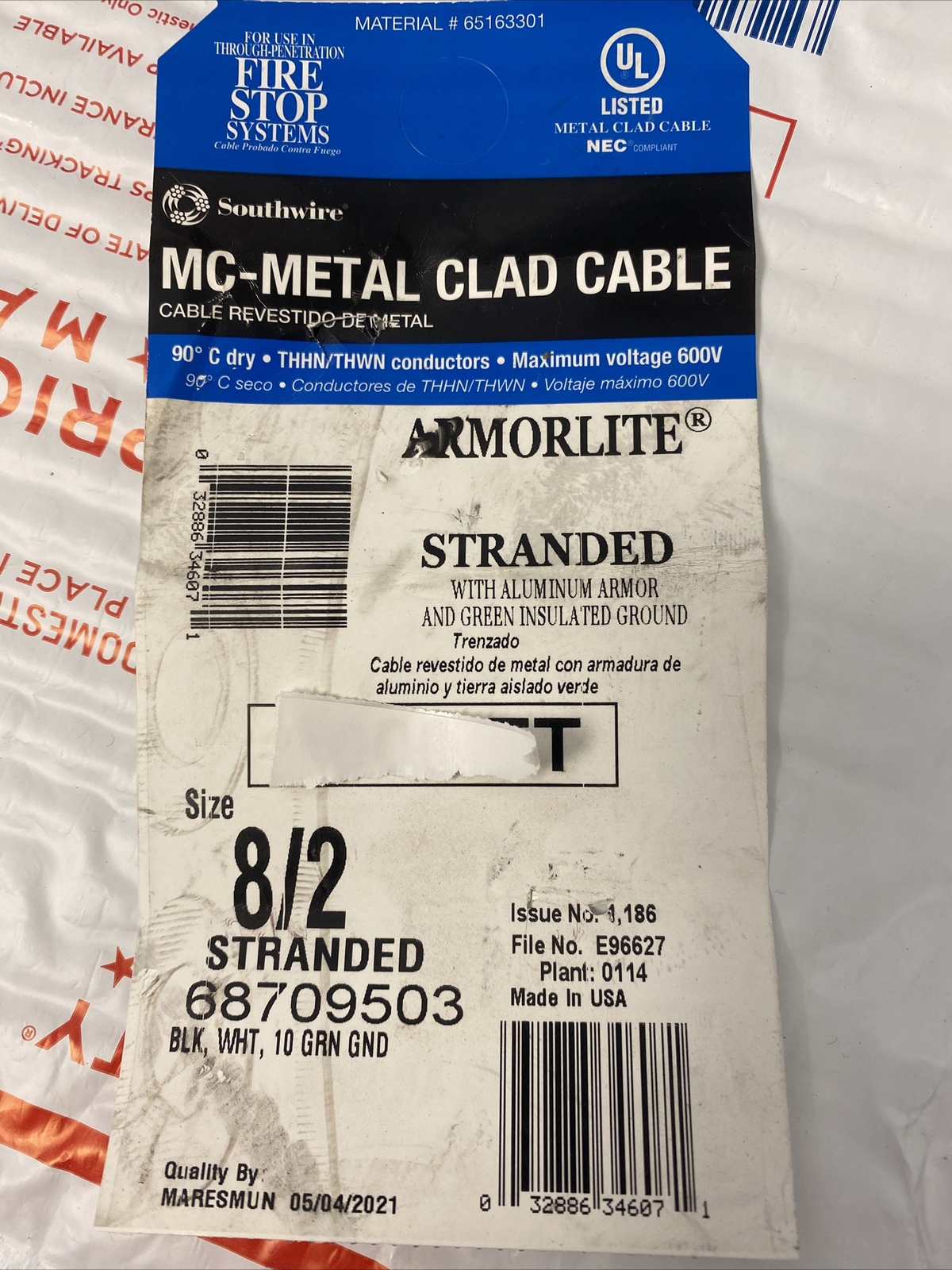 ARMORLITE 250' 8/2 Stranded Copper MC W/ #10 Ground Aluminum Armor ...