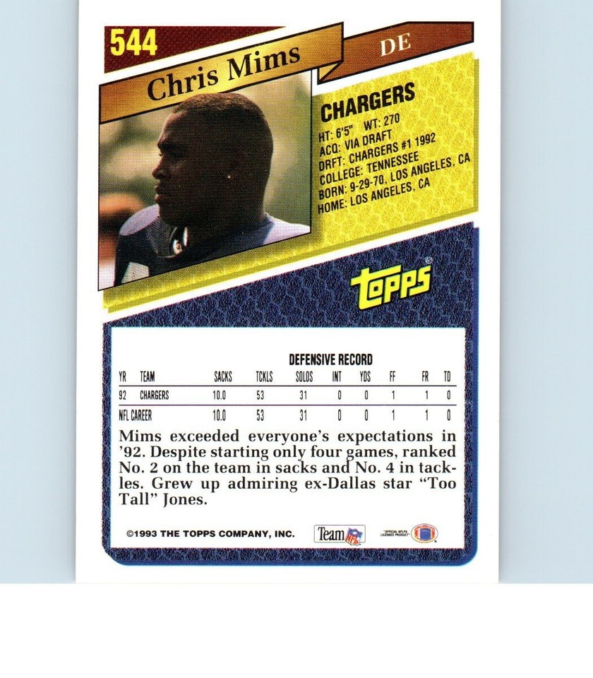 Chris Mims 544 Chargers 1993 Topps Football Trading Card | eBay