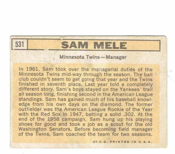 1963 Topps #531 SAM MELE Signed Autographed Minnesota Twins Card | eBay