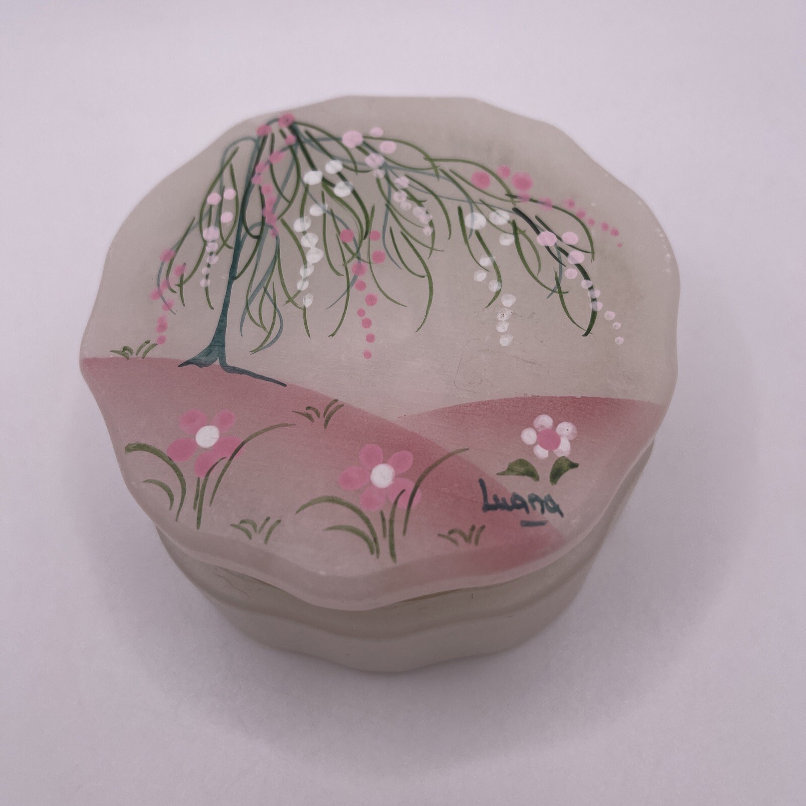 Vintage Frosted Glass Vanity Dusting Powder Candy Dish Lid Handpainted ...