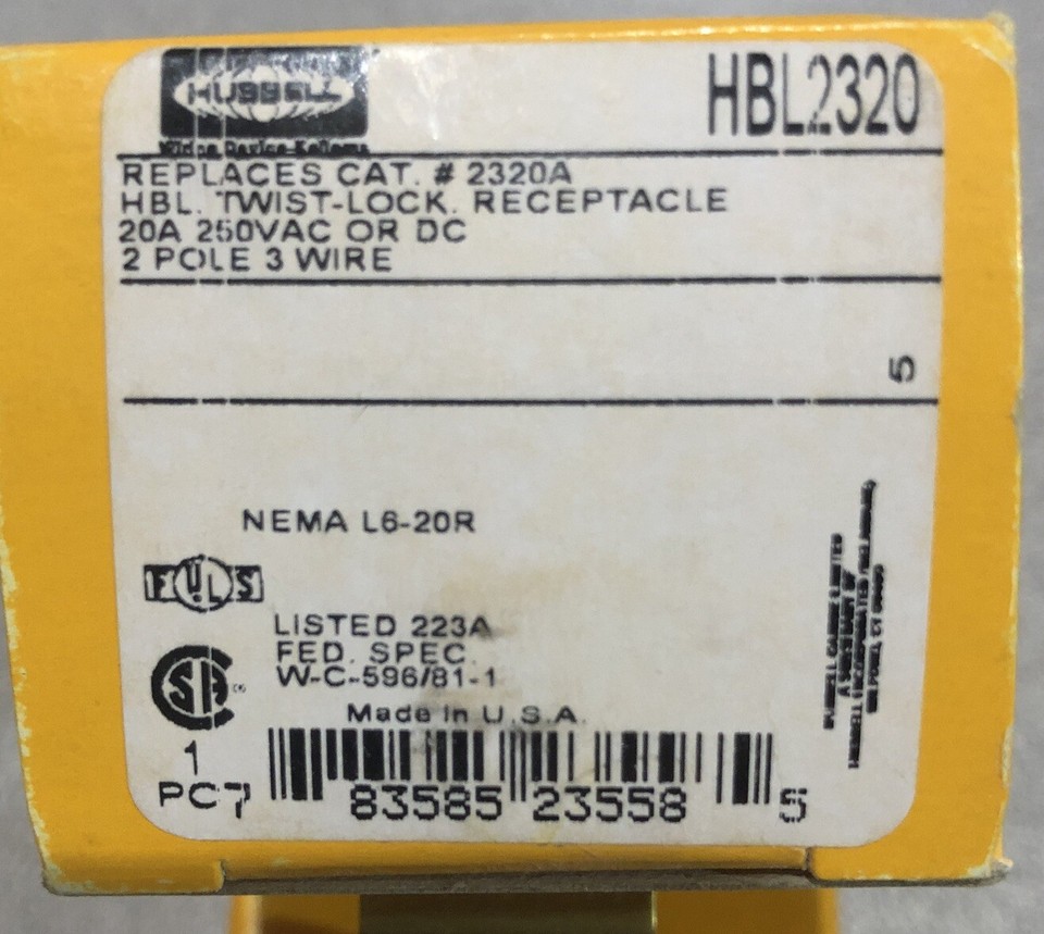 Hubbell HBL2320. 20A NEMA L6-20R. Locking Device Receptacle NEW IN BOX ...
