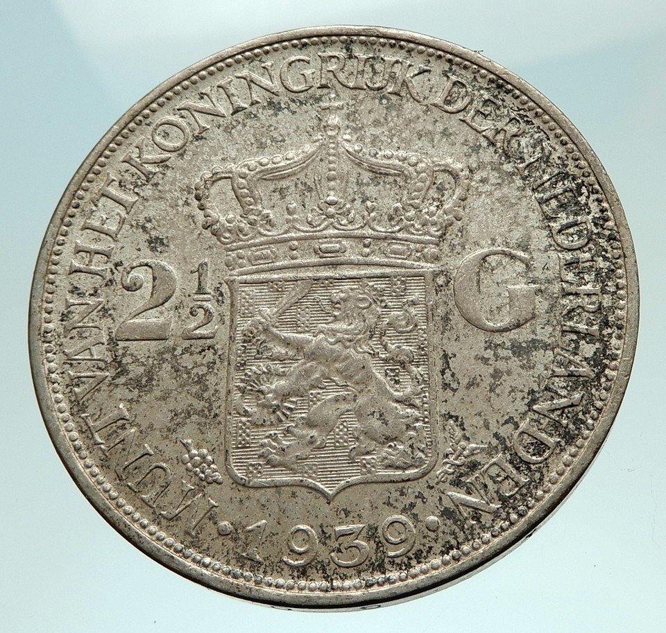 1939 Netherlands Queen WILHELMINA 2.5 Gulden Authentic DUTCH Silver ...