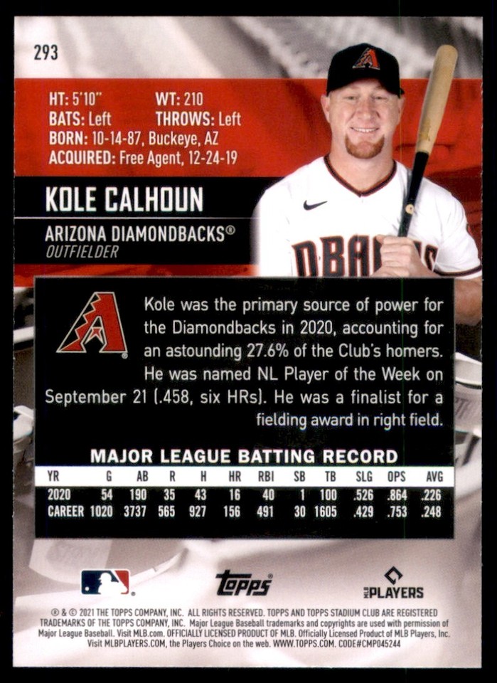 2021 Stadium Club Kole Calhoun Arizona Diamondbacks #293 TW17384 | eBay