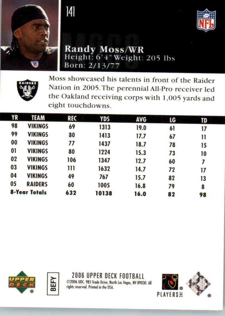 2006 Upper Deck Football #141 Randy Moss - Raiders | eBay