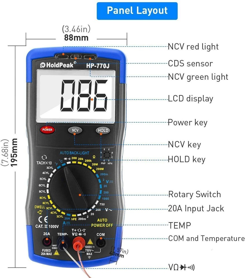 Automotive Digital Multimeter Tachometer Car AC DC Volt RPM DWELL NCV ...