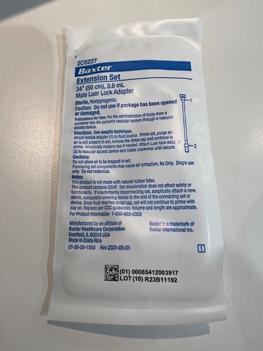 Baxter Extension Set, 34”, 3.8 mL, Male Luer Lock Adapter (20 Packs ...