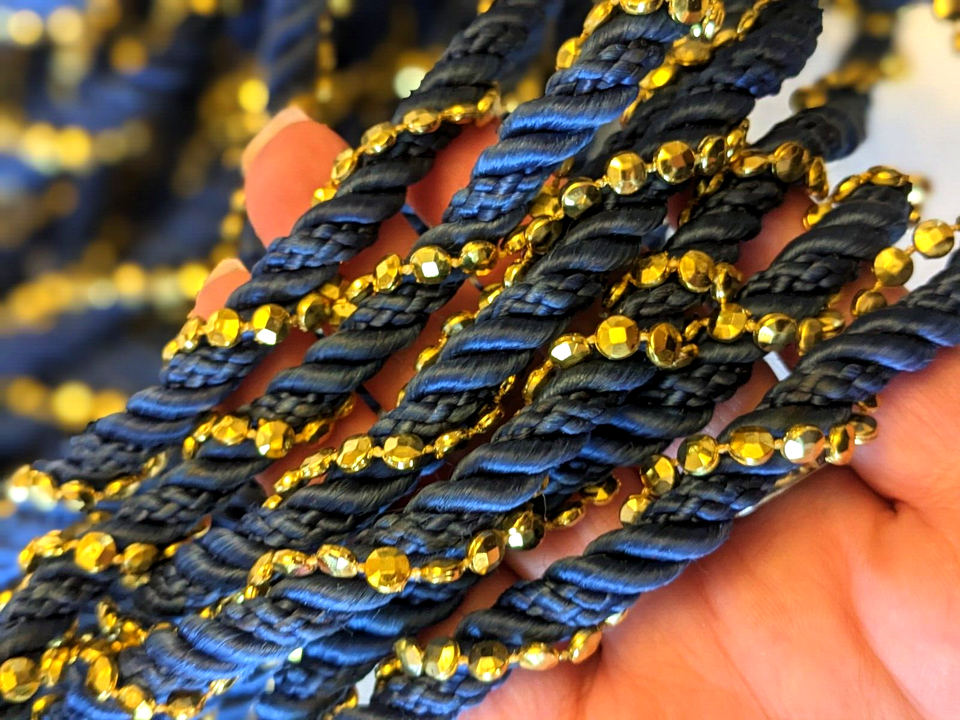 Blue and Gold Cord Christmas Garland Braided Beaded Twisted 54 Feet Vtg ...