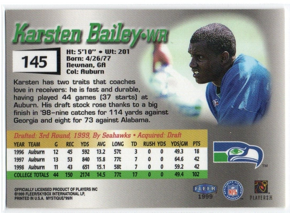 Karsten Bailey 1999 Fleer Mystique #127 1124/2999 Rookie Card Seattle ...