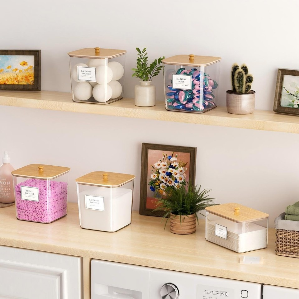 HomePekite Clear Laundry Pods & Detergent Storage Container w/ Wood ...