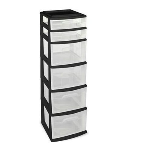 Homz Plastic 6 Drawer Medium Storage Tower Black Frame Clear Drawers ...