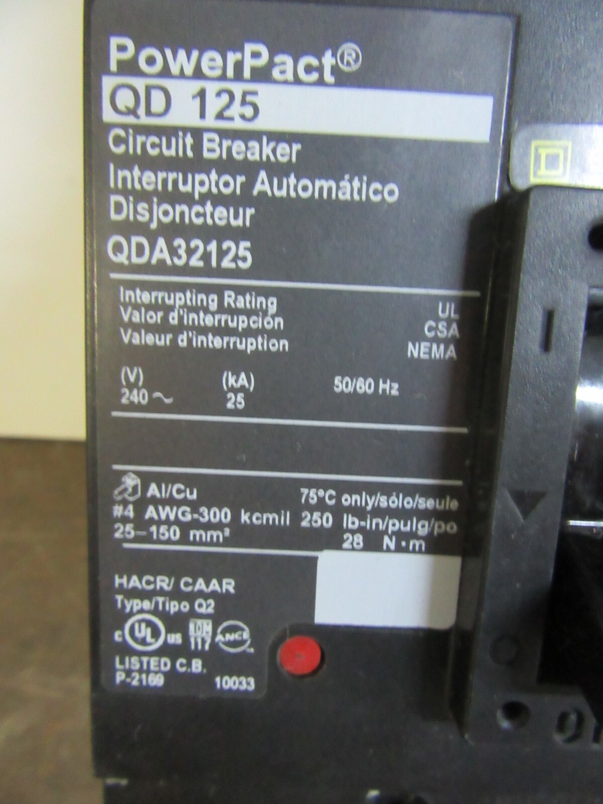 SQUARE D I-LINE BREAKER QDA32125 3-POLE 125 AMP 240 VAC W/ LUGS ...