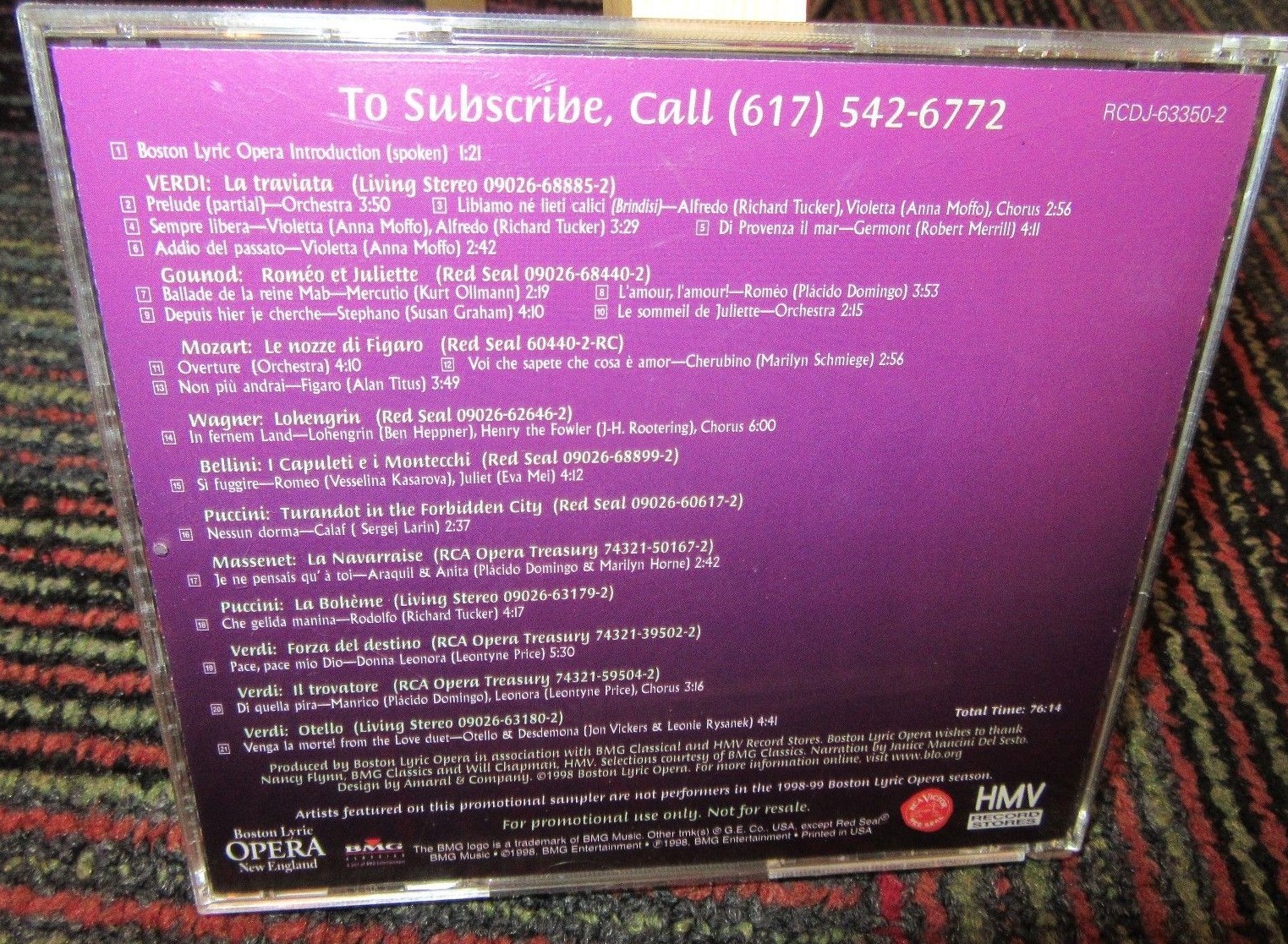 BOSTON LYRIC OPERA 1998-1999 SEASON PREVIEW MUSIC CD PROMO SAMPLER ...