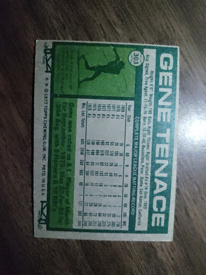 1977 TOPPS BASEBALL CARD # 303 GENE TENACE PADRES CATCHER / 1ST BASEMAN ...