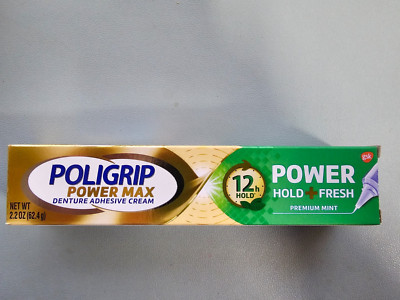 Poligrip Power Max Hold+Fresh Denture Adhesive Cream Premium Mint 2.2oz ...