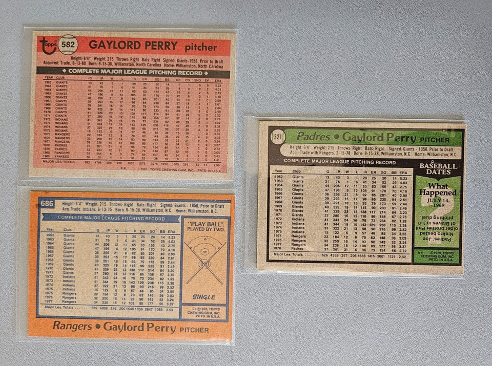 Gaylord Perry Three Card Lot - New York Yankees San Diego Padres Texas ...