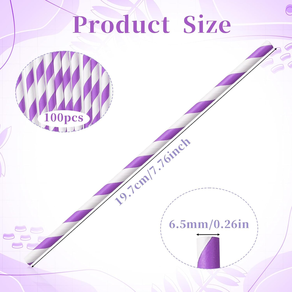 Paper Straws, 100 Pcs Purple Striped Straws 7.7 Inch Disposable ...