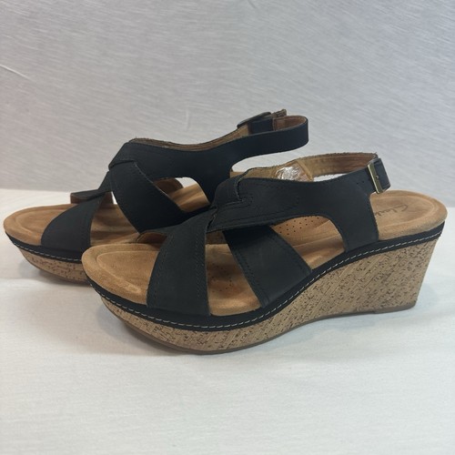 Clarks Womens Elleri Rae Black Suede Wedge Cork Summer Sandal Size 9M ...