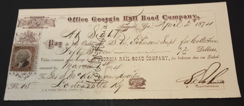 Georgia Rail Road Company Bank Check Draft Augusta Southern Express ...