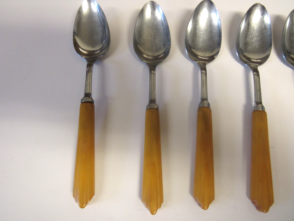 Vintage Bakelite Plastic Butterscotch Lot of 6 Stainless Steel Spoons ...