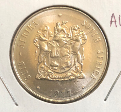 1977 South Africa 1 RAND ABOUT UNCIRCULATED Coin-Springbok~Coat of Arms ...