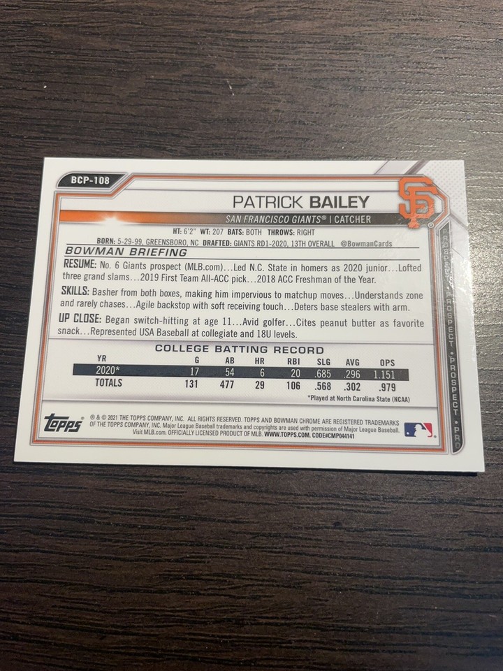 2021 Bowman Chrome Patrick Bailey #BCP-108 Giants | eBay