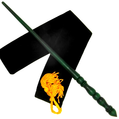 14" Hand Turned Almond Wood Green Magic Wand Wizard Wicca w/ Velvet Bag ...