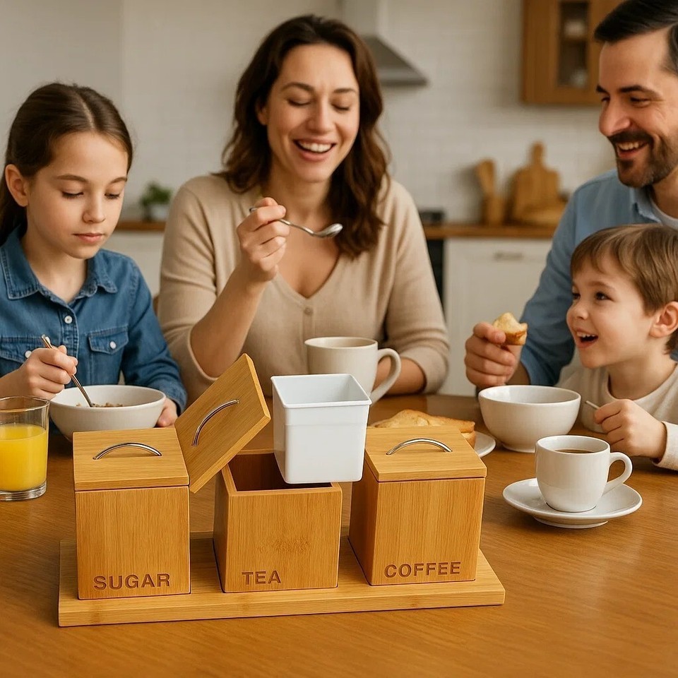 Bamboo Wooden Tea Coffee Sugar Storage Jars Set With Tray Organizer ...
