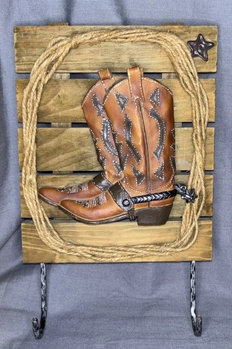 Rustic Cowboy Boots Wall Decor with Rope & Metal Hooks - Western Wooden ...