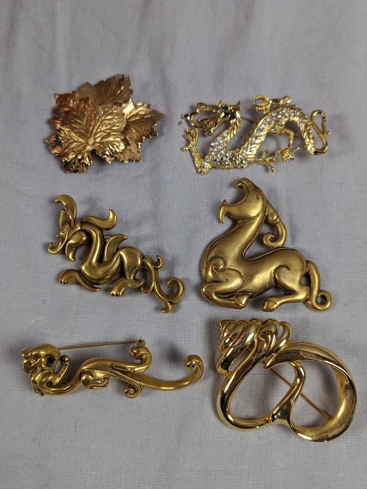 6 Brooch Pins. 3 MMA Dragon Fantasy Napier Gold Tone … - Gem