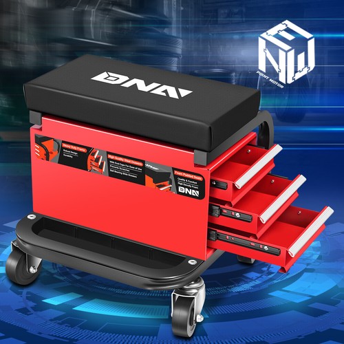 3 Drawer Padded Rolling Mechanic Tool Box Storage Stool Creeper Seat w ...