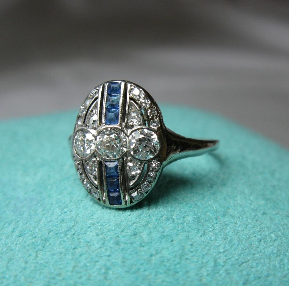 Art Deco Sapphire OMC Diamond Ring Wedding Engagement 14K White Gold ...