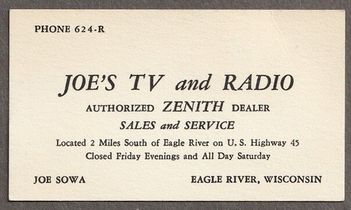 Vintage 1950's EAGLE RIVER, WI. Business CARD ~ Joe's TV and Radio ...
