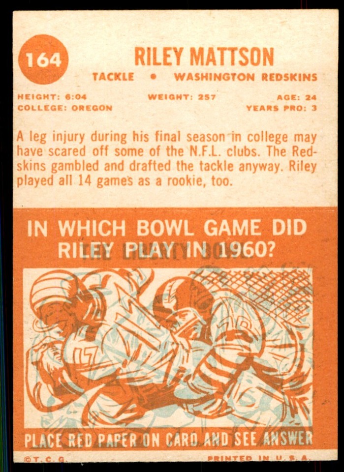 1963 Topps Riley Mattson Rookie Washington Redskins #164 | eBay