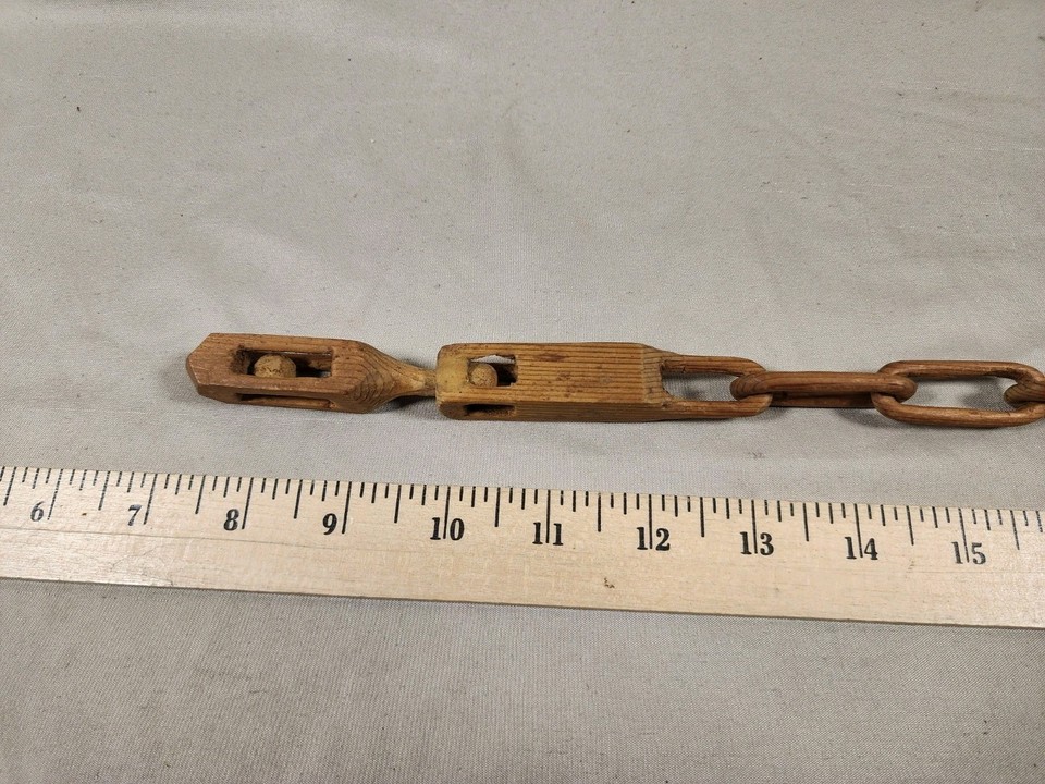 Antique Primitive Handcarved Wood Chain Ball Trap Single Stick Folk Art ...